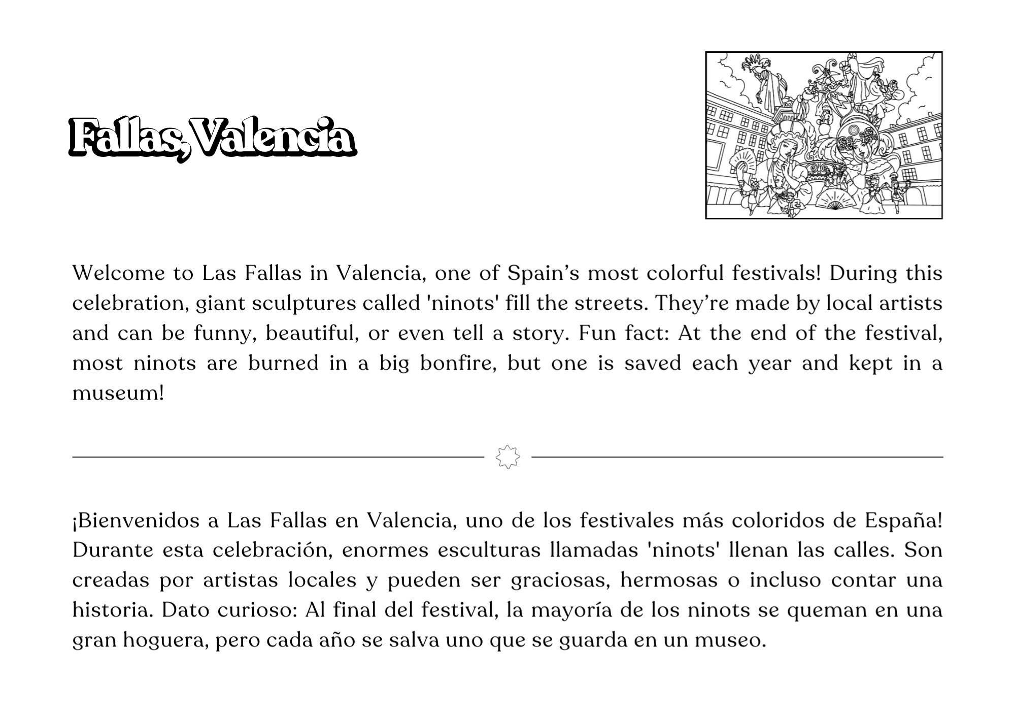 Spain Festival Coloring Page – Fallas, Valencia | Spanish-english ...