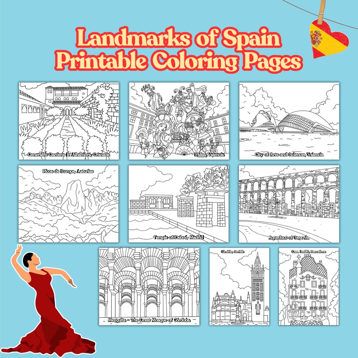 Spain Landmarks Coloring Pages Bundle – 9 Printable Designs With ...