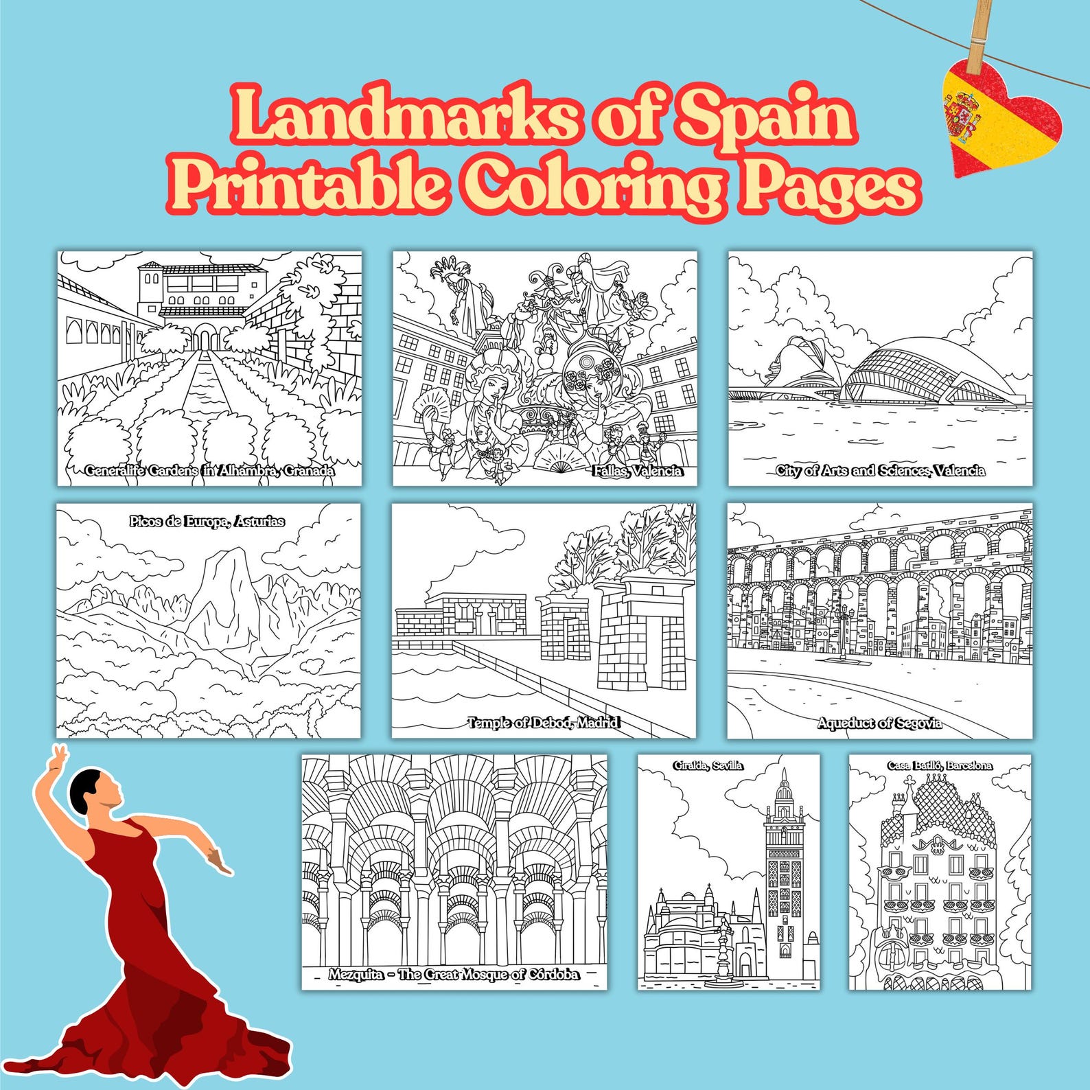 Spain Landmarks Coloring Pages Bundle – 9 Printable Designs With ...