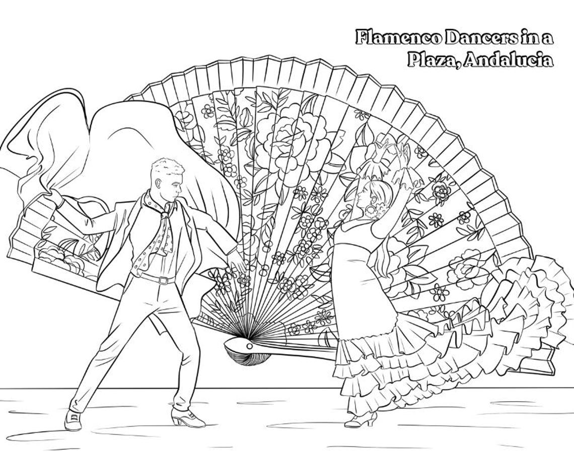 Spain Culture Coloring Page – Flamenco Dancers, Seville | Printable ...