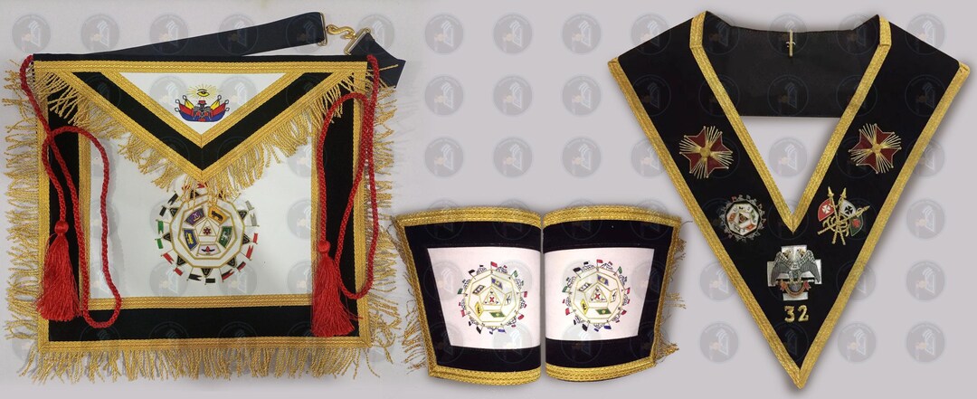 Masonic Scottish Rite 32 Degree Set Black Color Golden Braid Apron With ...