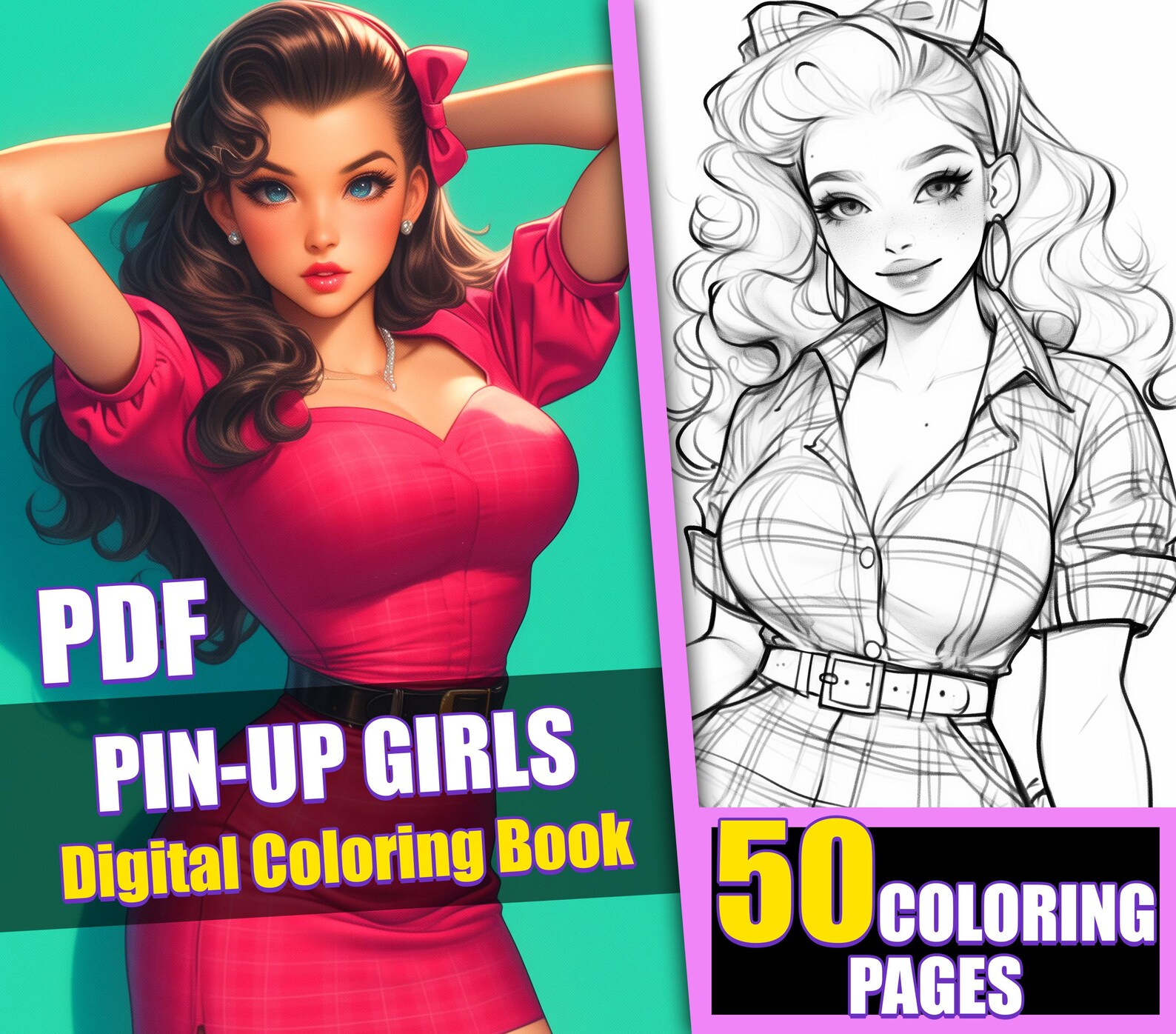 Pin Up Girls Coloring Book 50 Page Retro Anime Printable Pdf Etsy