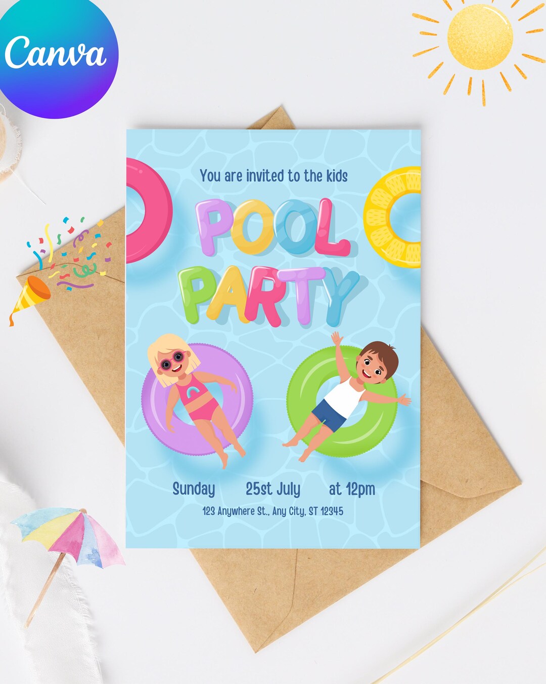 Editable Pool Party Invitation, Girl Pool Birthday Party, Pastel Invite ...