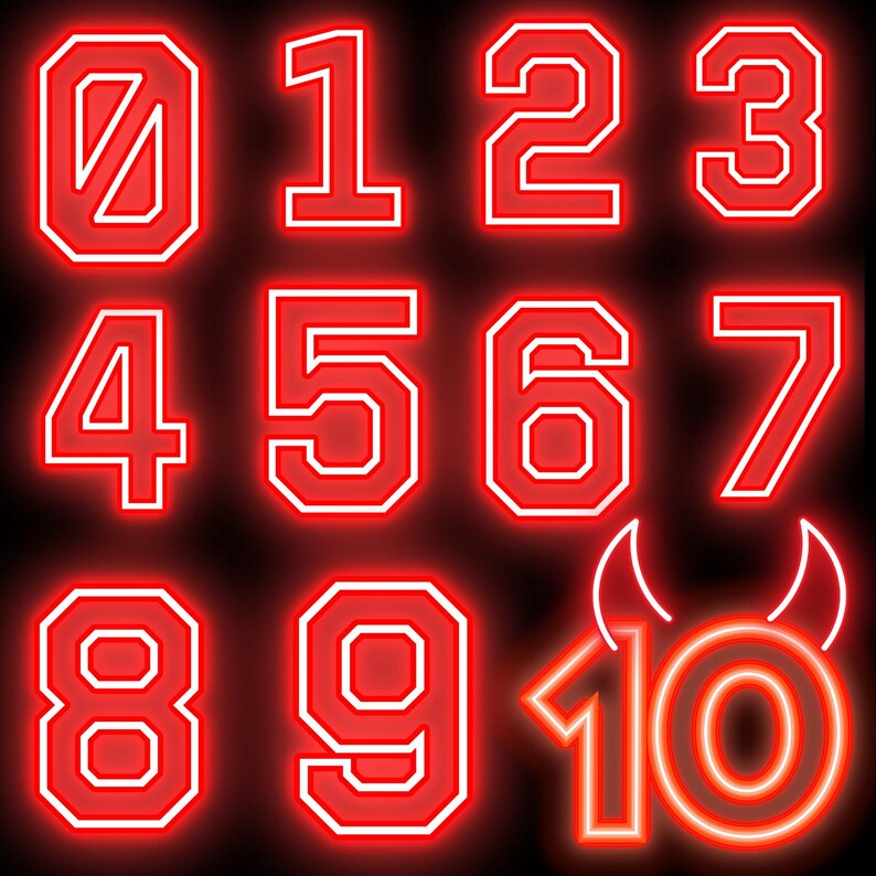 Neon Devil Number Clipart | Red Glowing Digital Numbers 0-10 PNG ...