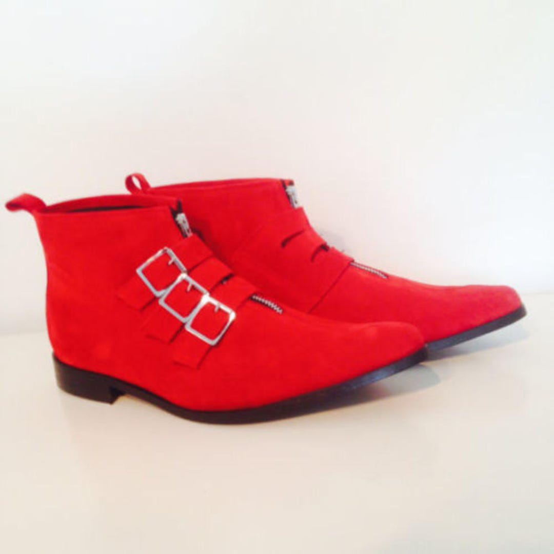 New Handmade 3 Buckle Winklepicker Boots in Red Suede, Men New Leather ...