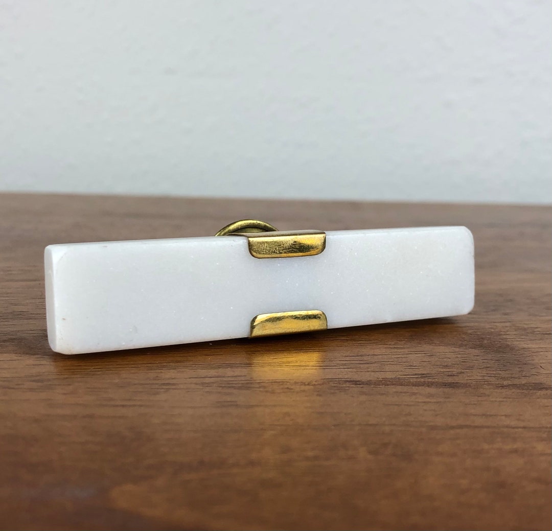White Marble Drawer Pull With Gold Accent - White Marble Knob, White Marble Rectangle Knob, Gold ...