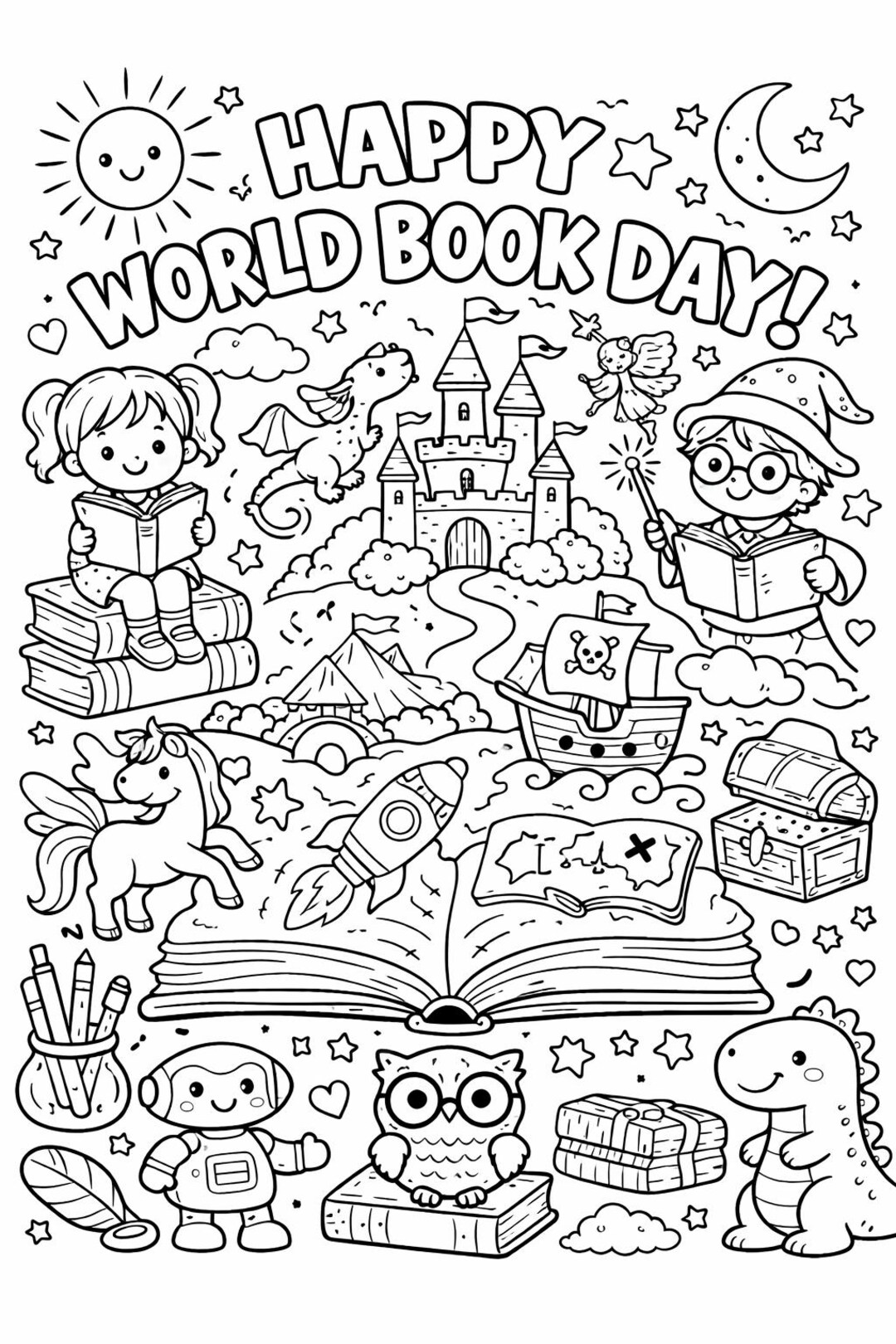 World Book Day Colouring Page | Reading Adventure (PDF Pattern A4 Size ...