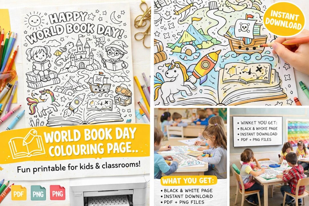 World Book Day Colouring Page | Reading Adventure (PDF Pattern A4 Size ...
