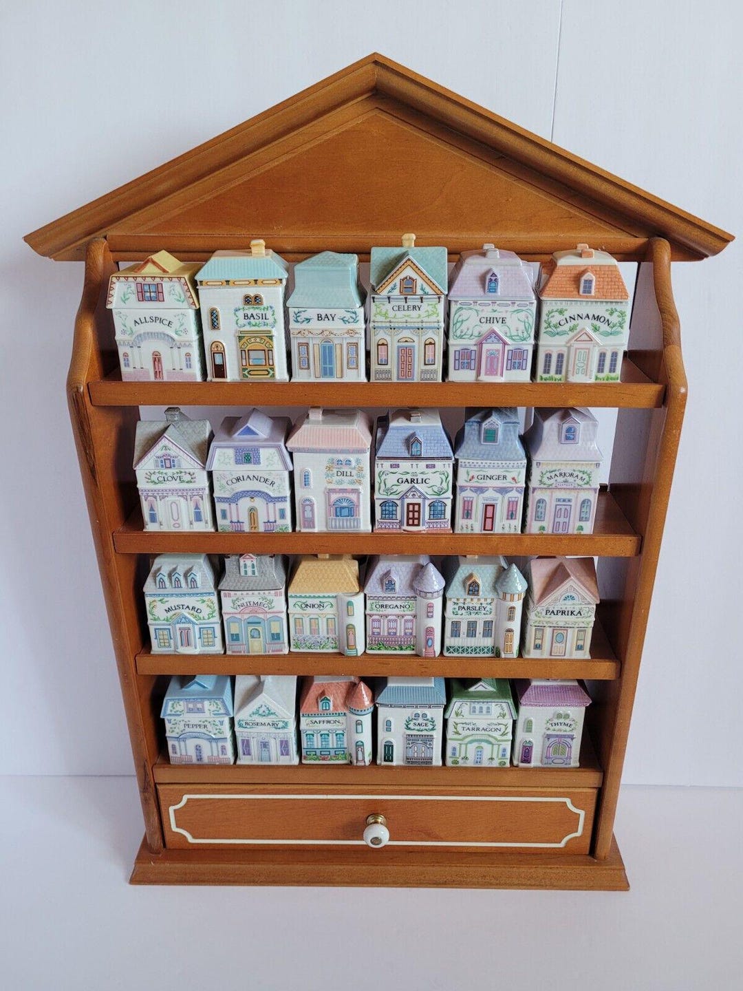 Vintage 1989 Lenox Spice Village Set of 24 Spice Jar Houses With Wooden ...