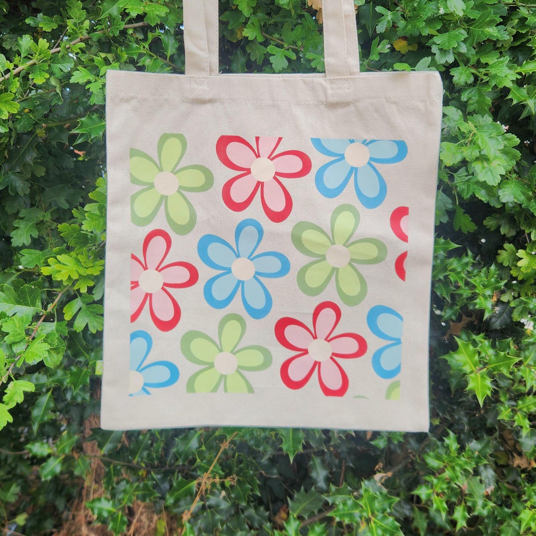 Retro Flower Power Tote Bag: 60s Floral Print Organic Cotton Shopper - Etsy
