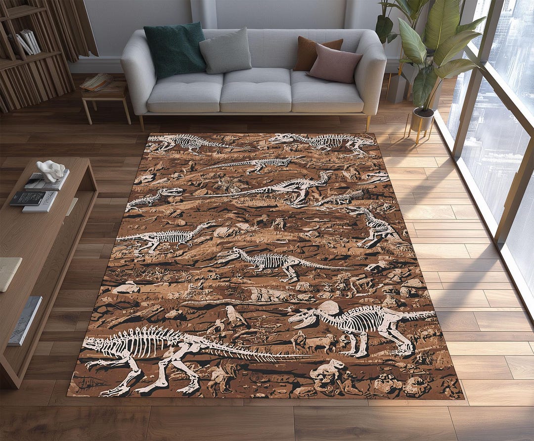 Dinosaur Fossil Rug, Jurassic Dig Pattern Carpet, Brown Earth Tone ...