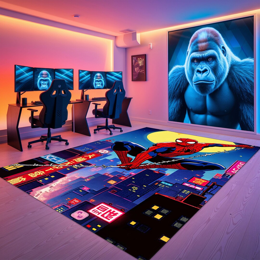 Spider-man Rug: Neon City Skyline, Non-slip Superhero Playroom Decor - Etsy
