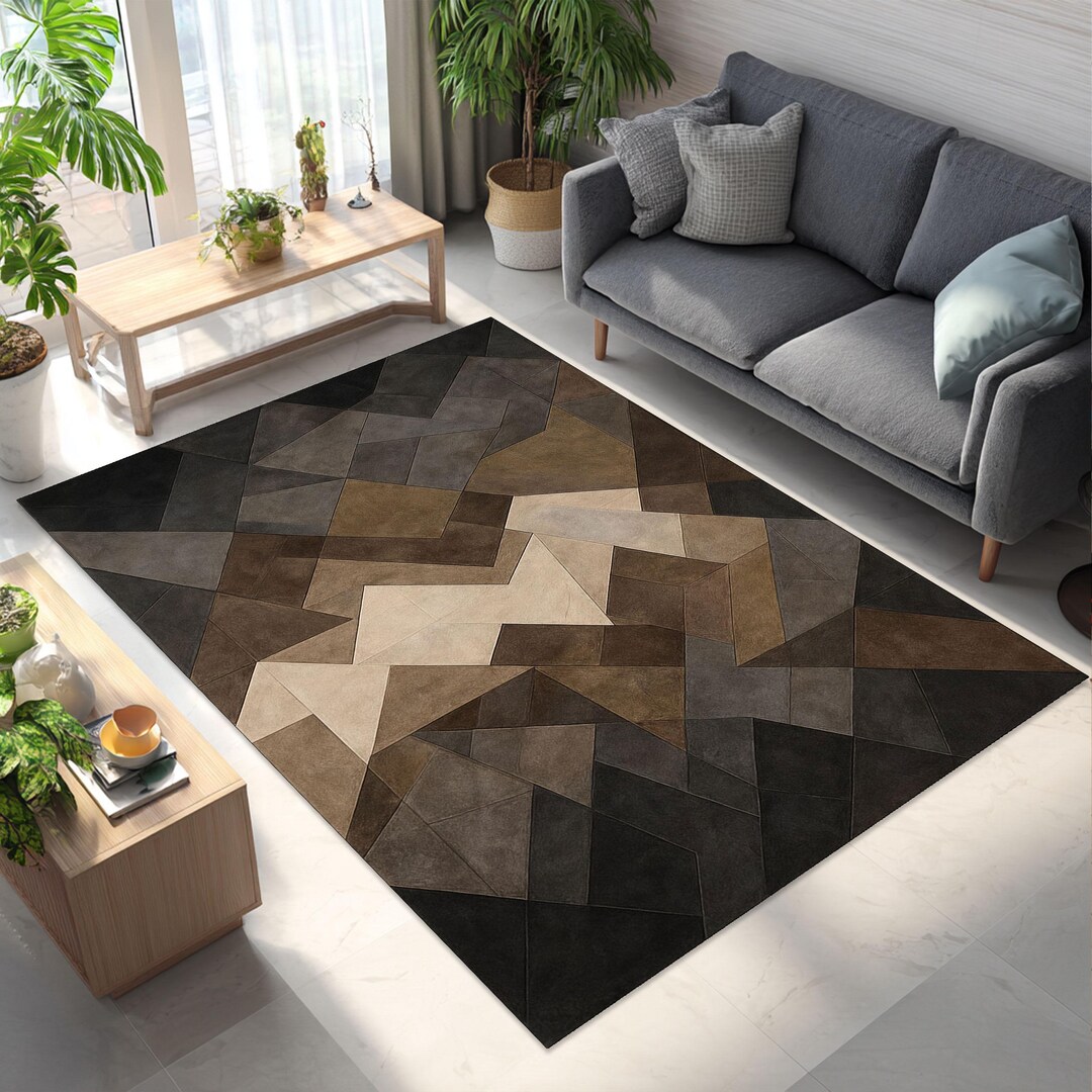 Modern Earth Tone Geometric Rug, Brown Abstract Polygon Carpet, Minimal ...