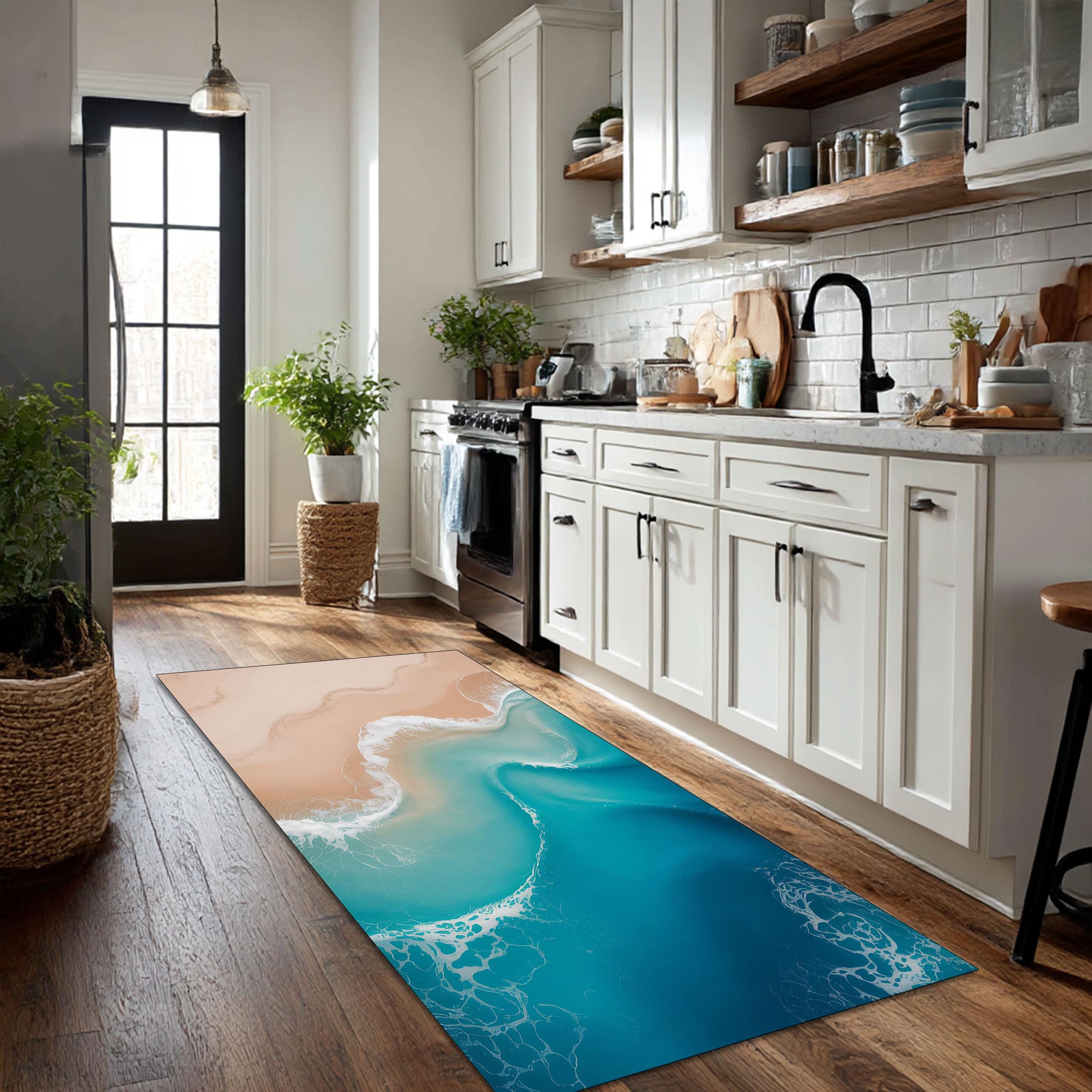 Beach Wave Hallway Runner Rug: Coastal Ocean Print, Washable Polyester ...