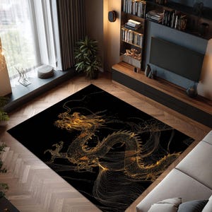 Asian Dragon Rug Black Gold, Japanese Chinese Style Washable Carpet ...