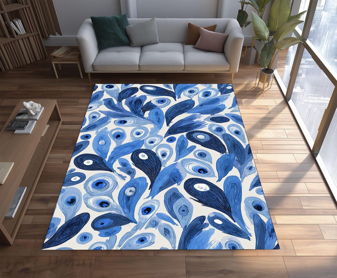 Abstract Evil Eye Rug: Blue Nazar Boncugu Design, Washable Polyester ...