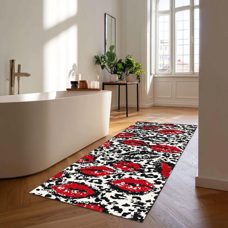 Red Lips Pop Art Rug, Bold Kiss Pattern Carpet, Retro Hallway Runner ...