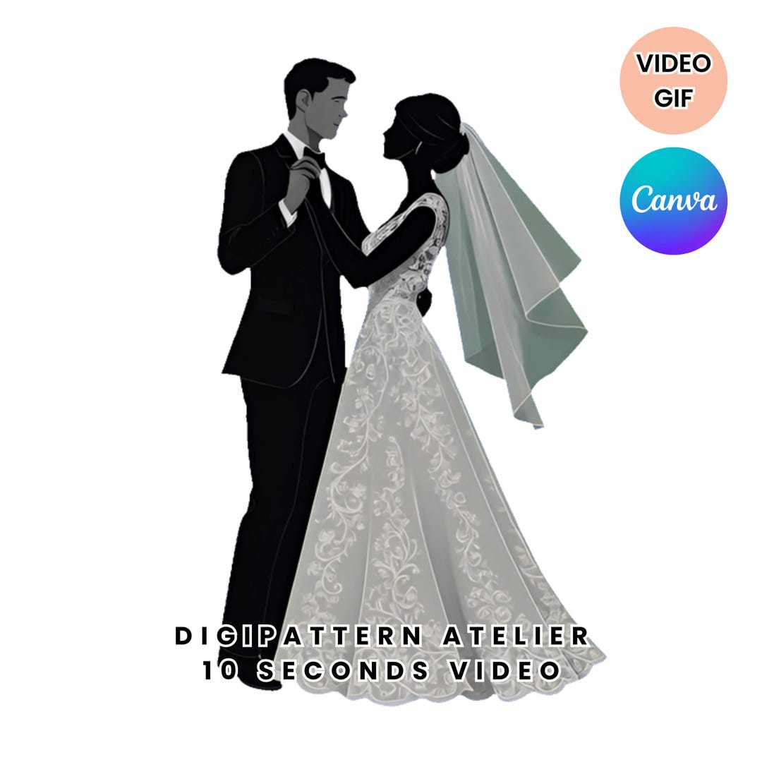 Dancing Bride and Groom Black and White Silhouette Animated Wedding ...