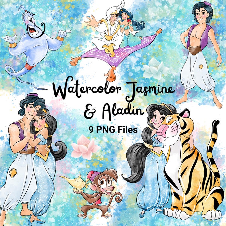 Watercolor Jasmine Aladdin PNG Bundle Handmade Disney POD Commercial ...