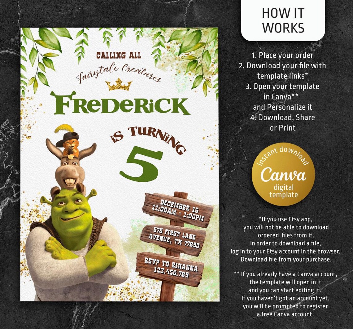 Shrek Birthday Invitation, Printable Shrek Invitation, Fiona Party ...