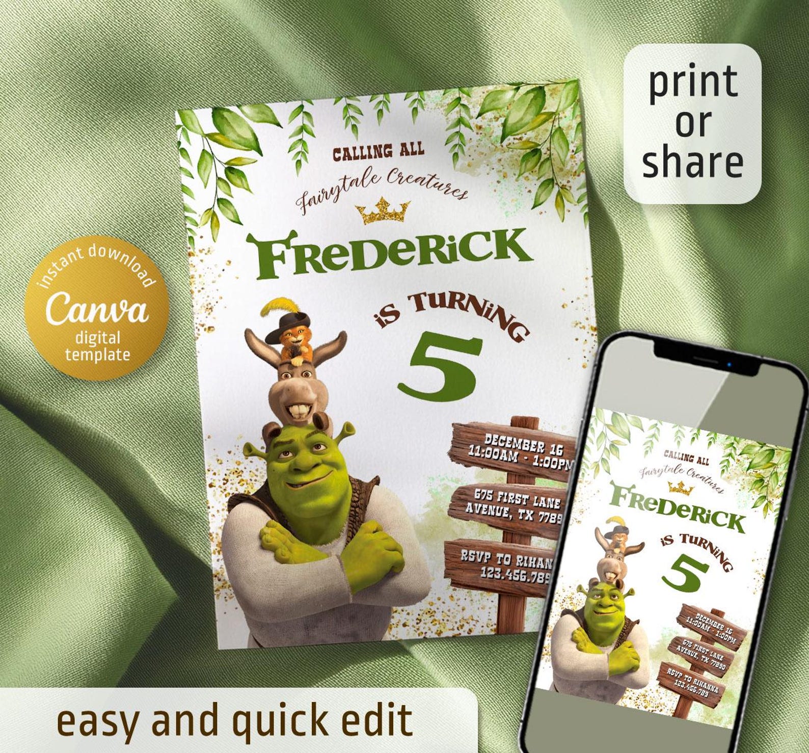 Shrek Birthday Invitation, Printable Shrek Invitation, Fiona Party ...