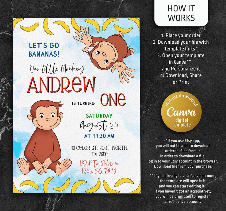 Curious George Birthday Invitation, Printable Monkey Invite, Ape Invite ...