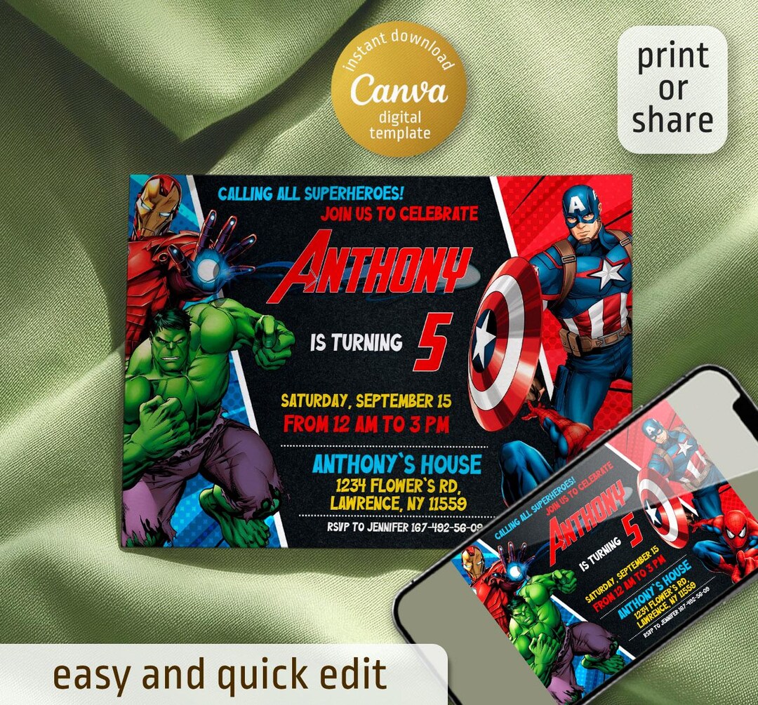 Printable Boy Birthday Invite, Super Hero Editable Party Invitation ...