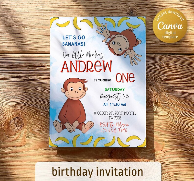 Curious George Birthday Invitation, Printable Monkey Invite, Ape Invite ...