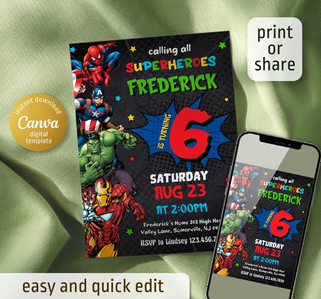 Printable Boy Birthday Invite, Super Hero Editable Party Invitation ...