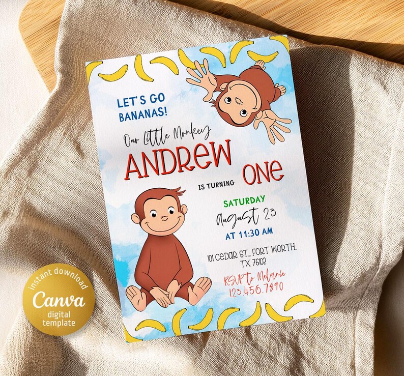 Curious George Birthday Invitation, Printable Monkey Invite, Ape Invite ...