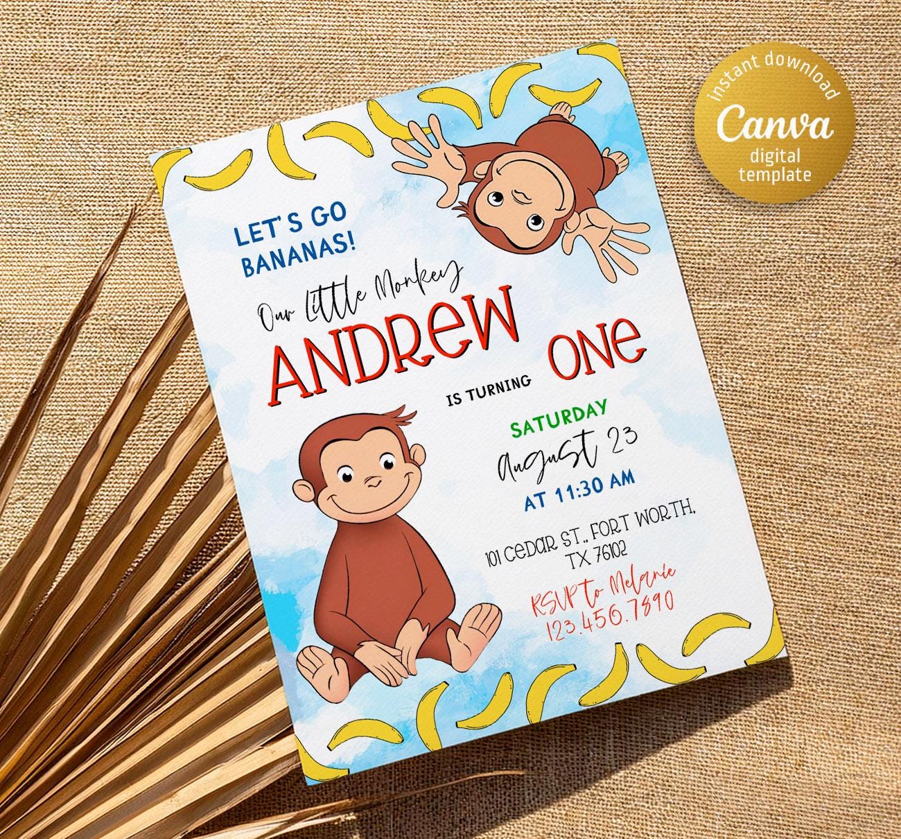 Curious George Birthday Invitation, Printable Monkey Invite, Ape Invite ...