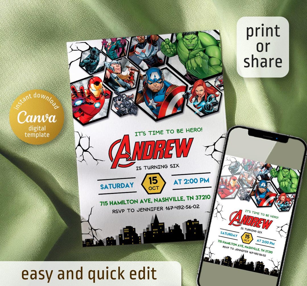 Printable Boy Birthday Invite, Super Hero Editable Party Invitation ...