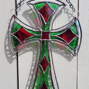 Stained Glass Cross Suncatcher Green and Red Diamond Style Handcrafted ...