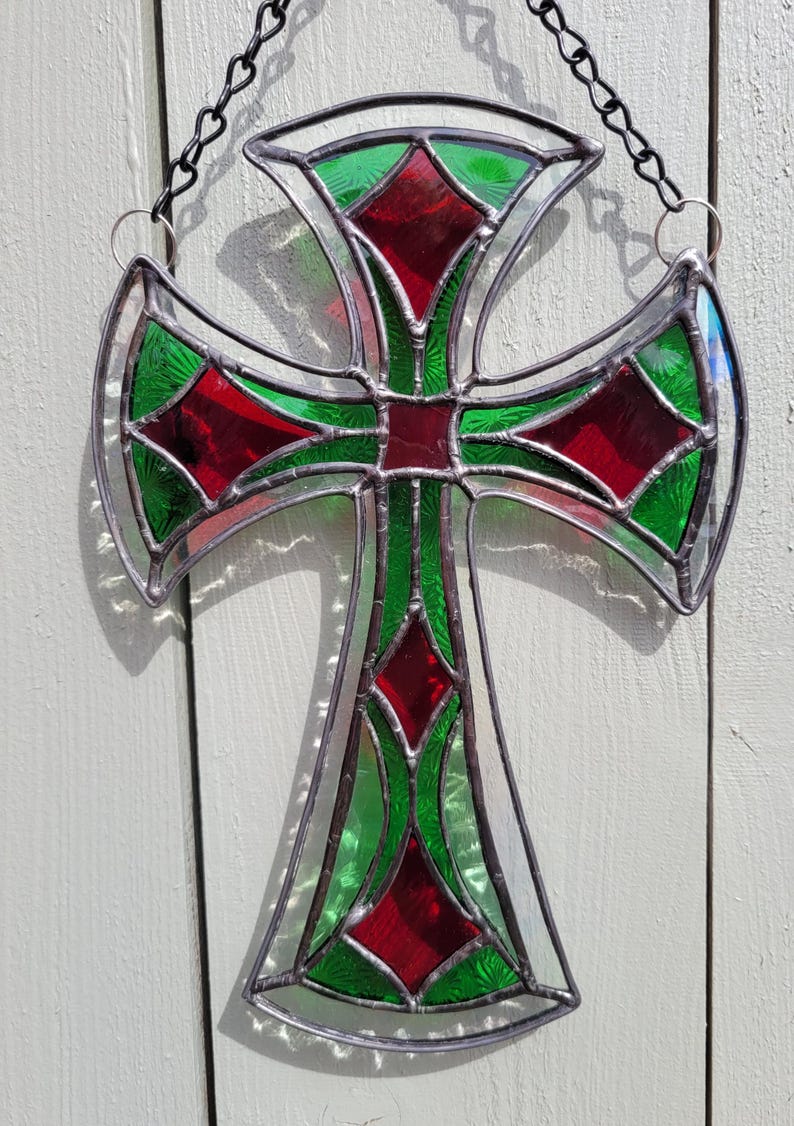 Stained Glass Cross Suncatcher Green and Red Diamond Style Handcrafted ...
