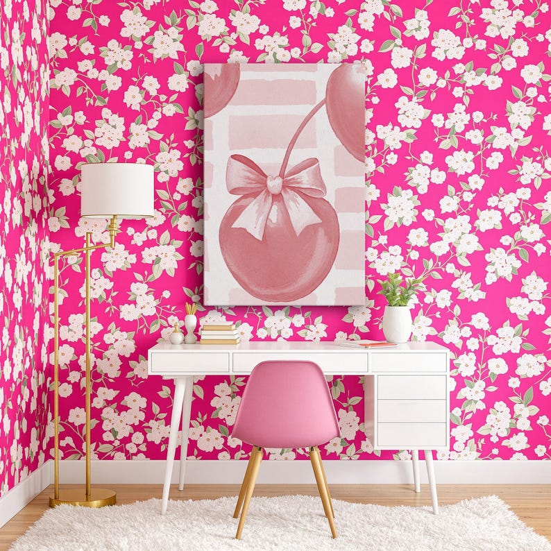 Cute Cherry Art - Pink Cherry Print With Bow, Preppy Canvas Wall Art ...