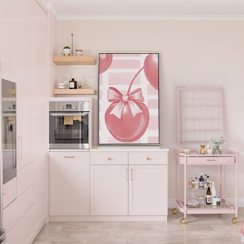 Cute Cherry Art - Pink Cherry Print With Bow, Preppy Canvas Wall Art ...