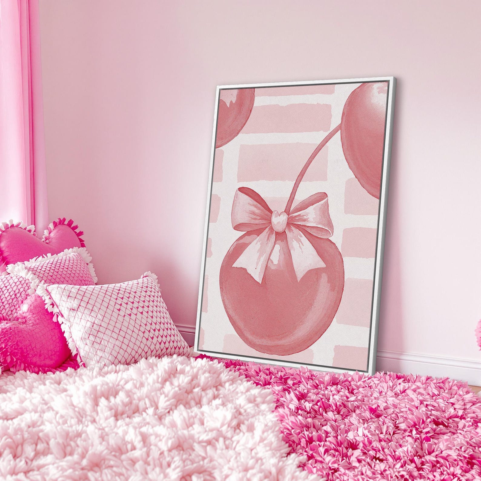 Cute Cherry Art - Pink Cherry Print With Bow, Preppy Canvas Wall Art ...