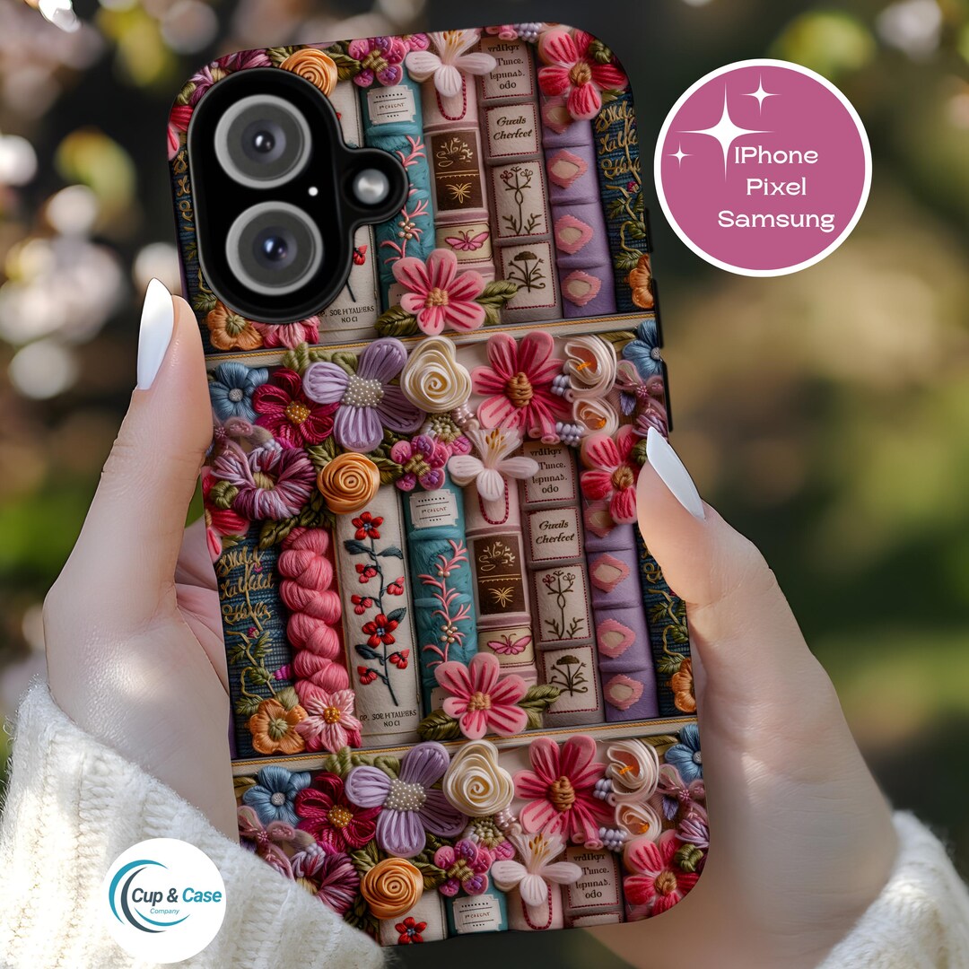 Vibrant Cottagecore Book Lover Phone Case, 3D Floral Embroidered Design ...