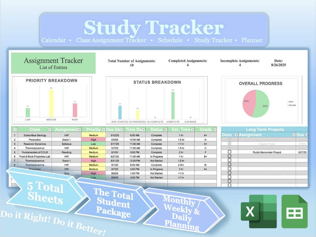 Ultimate Student Assignment Tracker – 5-in-1 Excel Workbook - Etsy