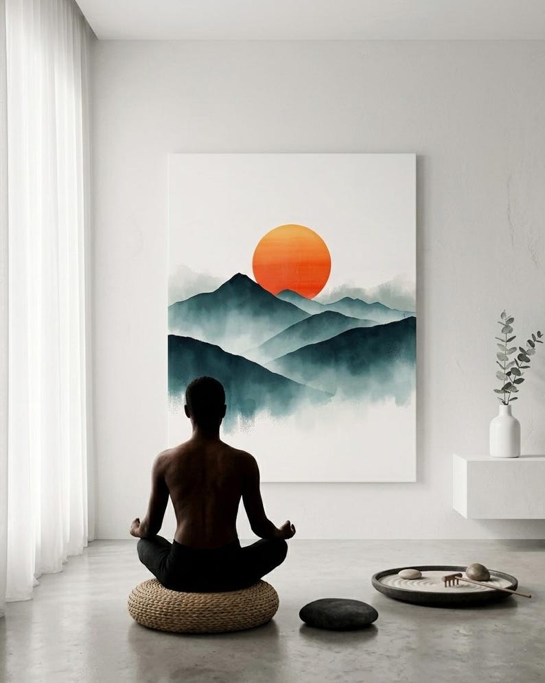 Japandi Misty Mountain Art Print: Patina Blue Watercolor Landscape ...