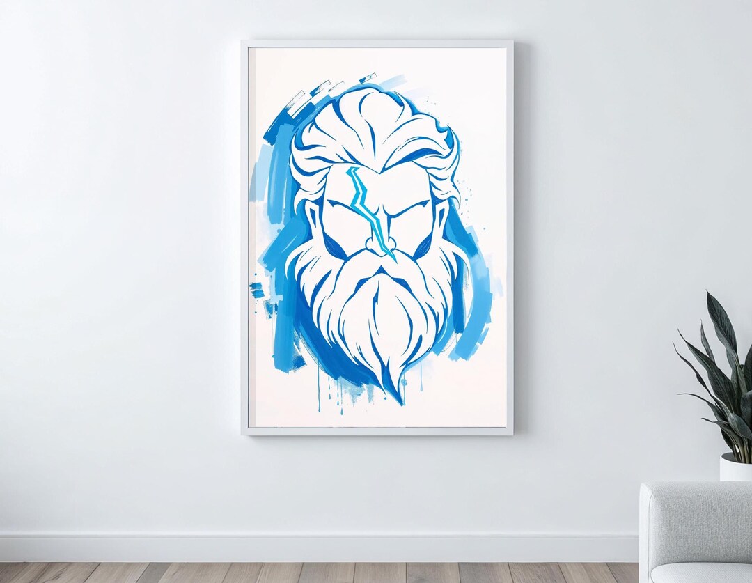 Zeus Minimalist Poster, Greek God Art Print, Modern Blue White Wall ...