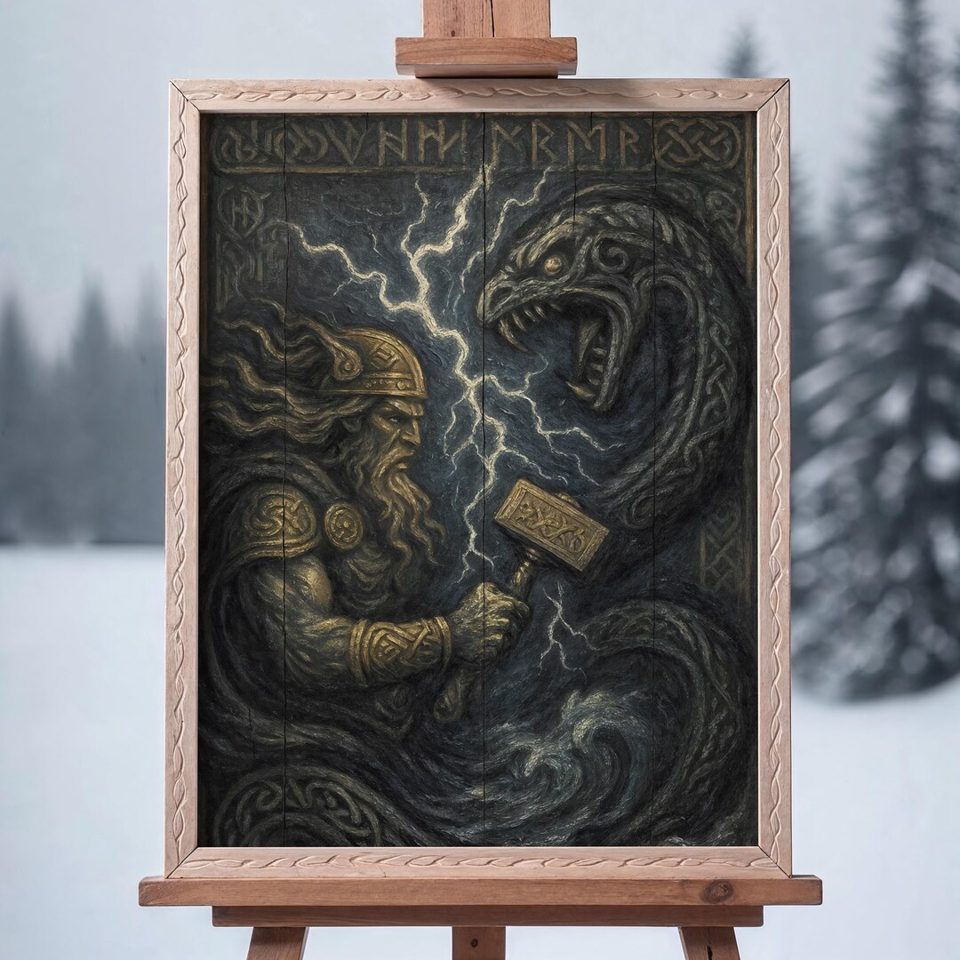 Thor Vs Jormungandr Poster: Engraved Norse Mythology Viking Art - Etsy