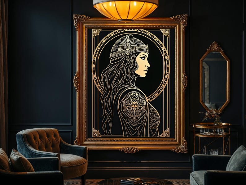 Art Deco Valkyrie Poster: Gold Lines, Norse Mythology Print - Etsy ...