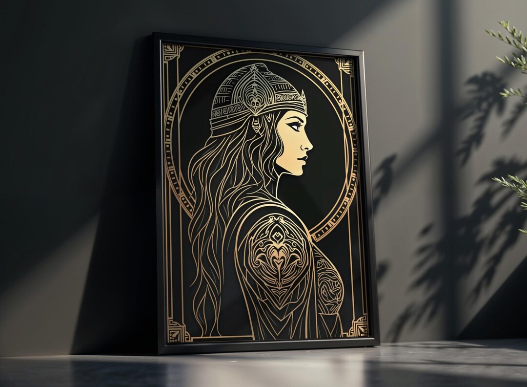 Art Deco Valkyrie Gold Lines Poster, Elegant Norse Mythology Print ...