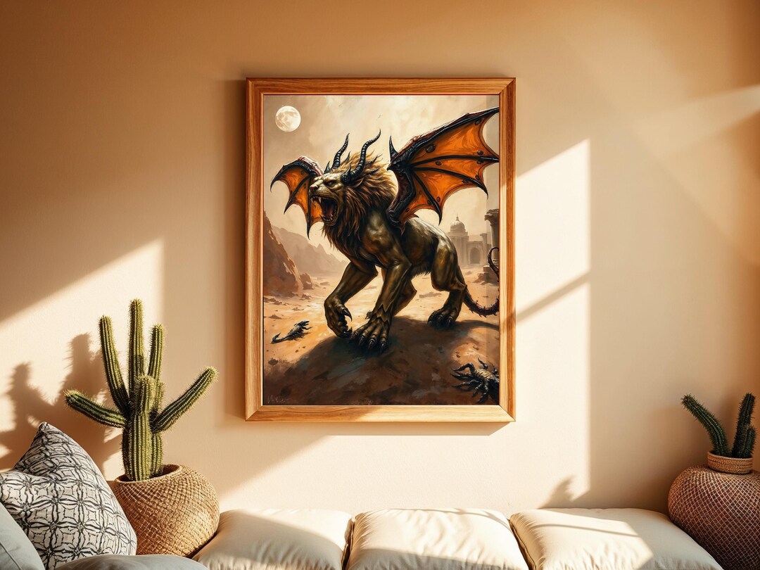 Manticore Bestiary Poster, Persian Man-eater Engraving Print, Dark ...