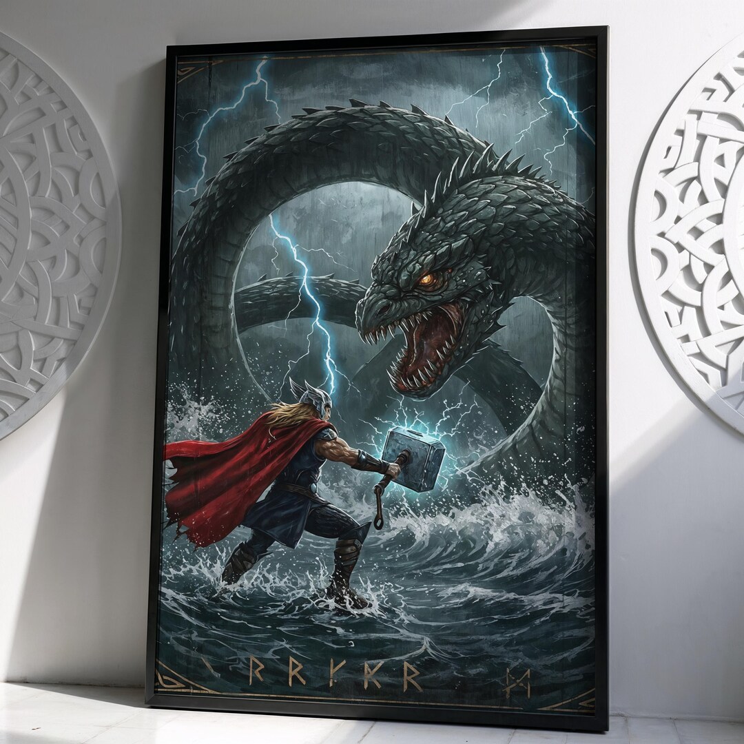 Thor Vs Jormungandr Poster: Epic Norse Mythology Viking Art - Etsy