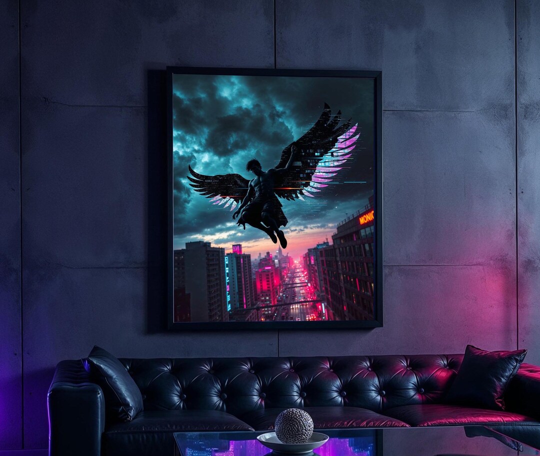 Icarus Glitch Poster, Cyberpunk Mythology Print, Neon Winged Figure ...