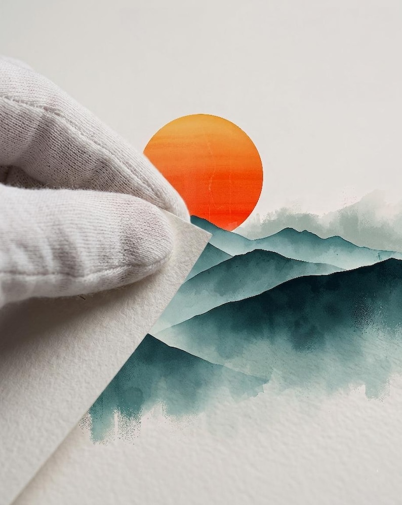 Japandi Misty Mountain Art Print: Patina Blue Watercolor Landscape ...