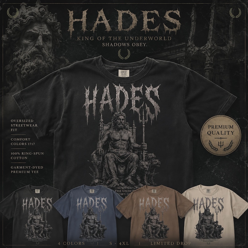 Hades Greek Mythology Graphic Tee, Garment-dyed Oversized Streetwear ...