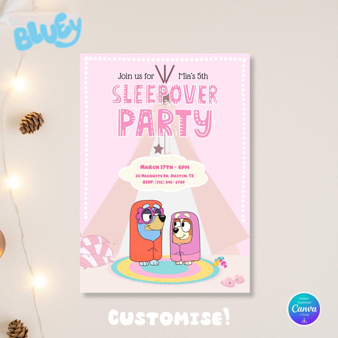 Bluey Birthday Invitation, Slumber Party Invite, Kids Bluey Party Evite ...